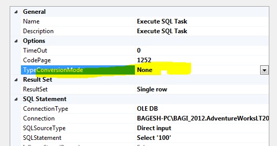 Microsoft Business Intelligence: TypeConversionMode property in Execute SQL Task in SSIS