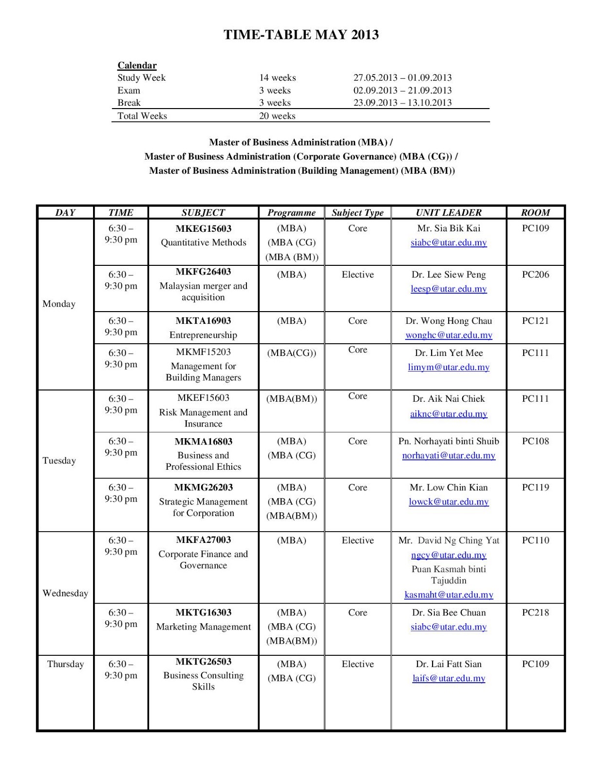 UTAR Part Time MBA Study Diary: Information for New Students