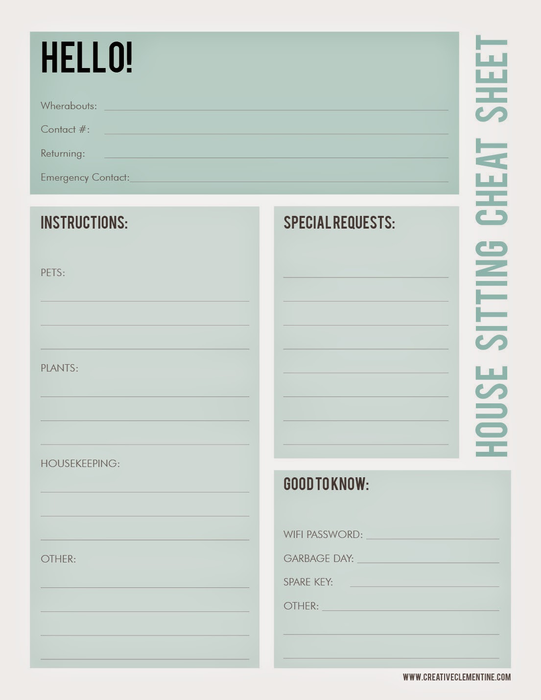 Free Printable House Sitting Sheet Creative Clementine Free Printable House Sitting Sheet Creative Clementine
