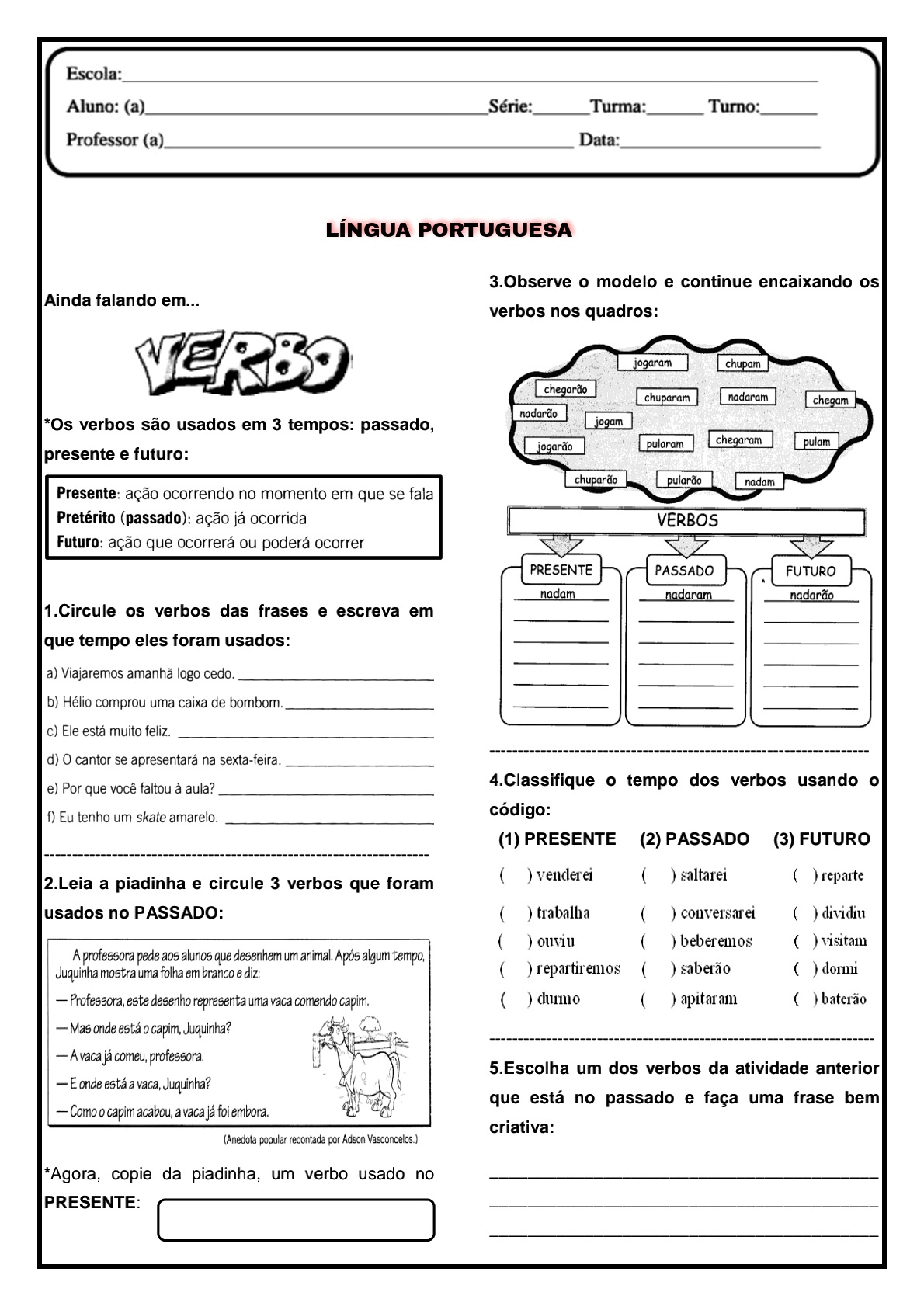 👍Língua Portuguesa: verbo Atividade de língua portuguesa para trabalhar ...