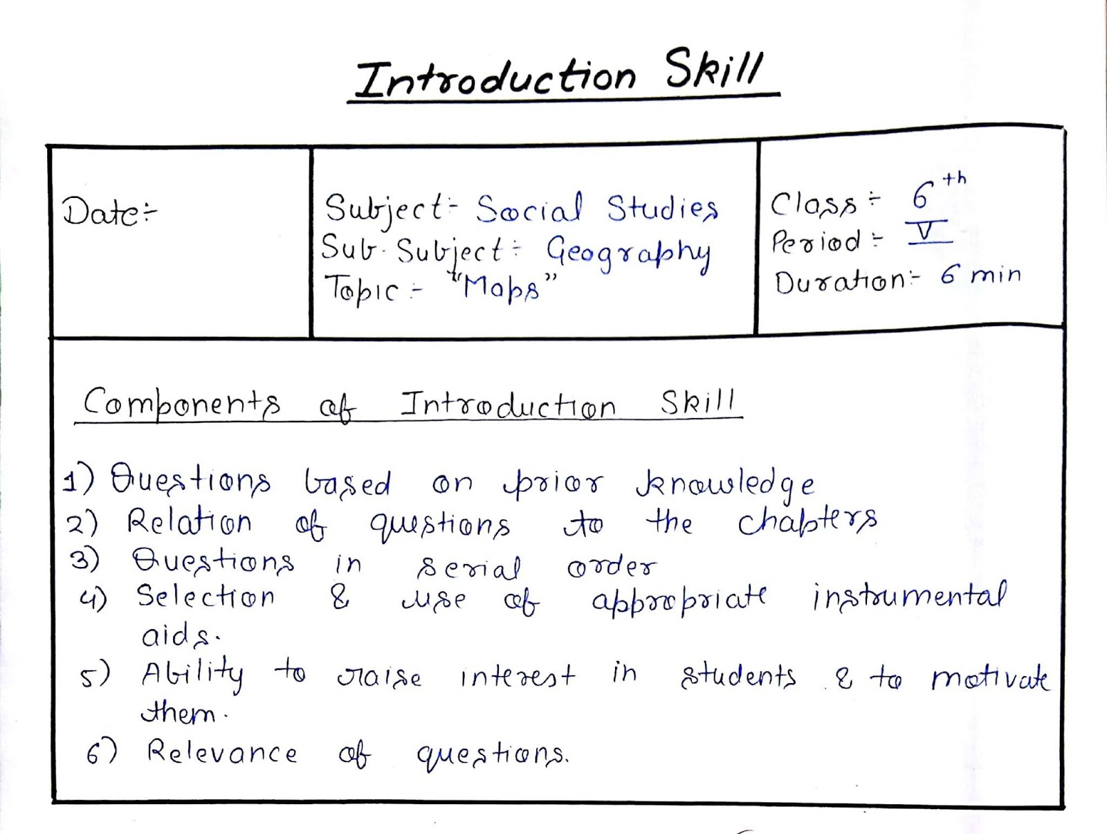 Micro Lesson Plan for Social Studies (Introduction Skill)