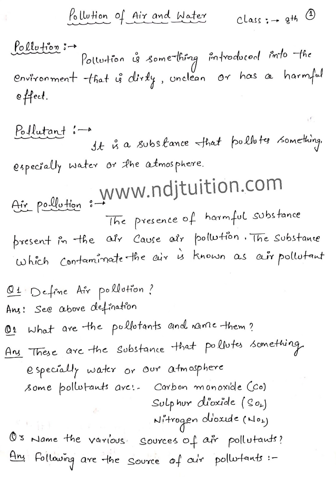 Pollution Handwritten Notes For 8th Class Science