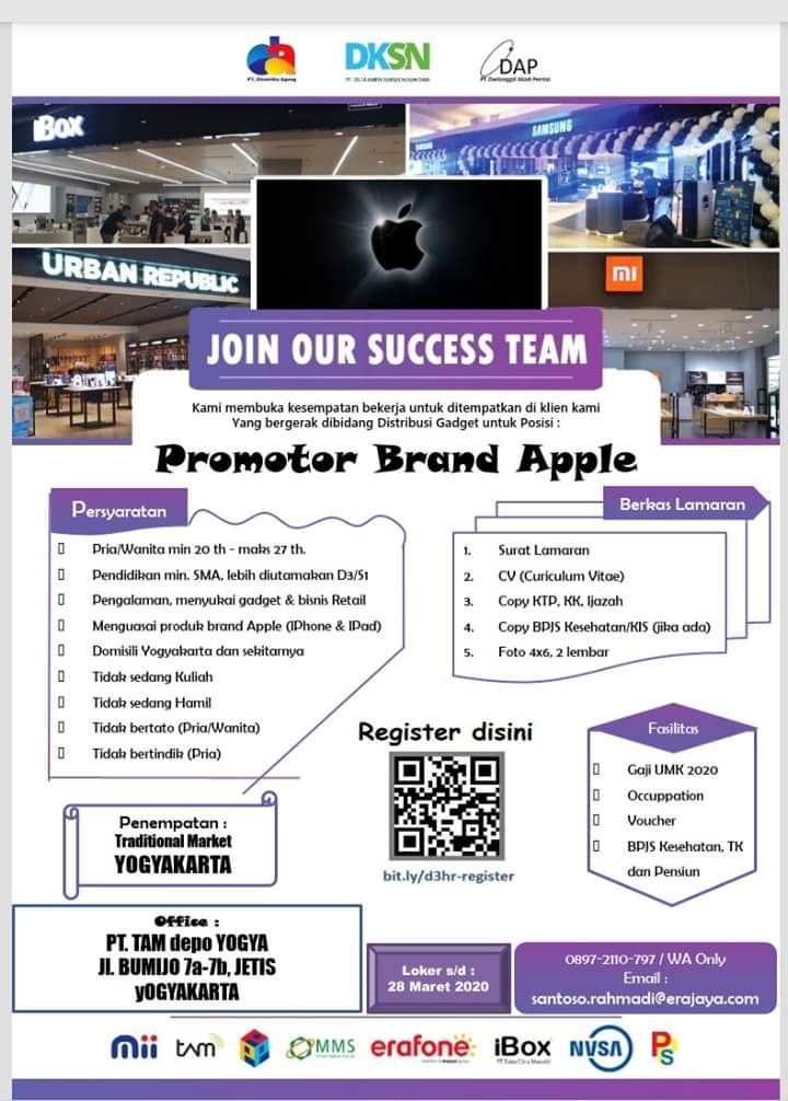 Lowongan kerja TAM Jogja - PROMOTOR HP BRAND APPLE - Lowongan Kerja
