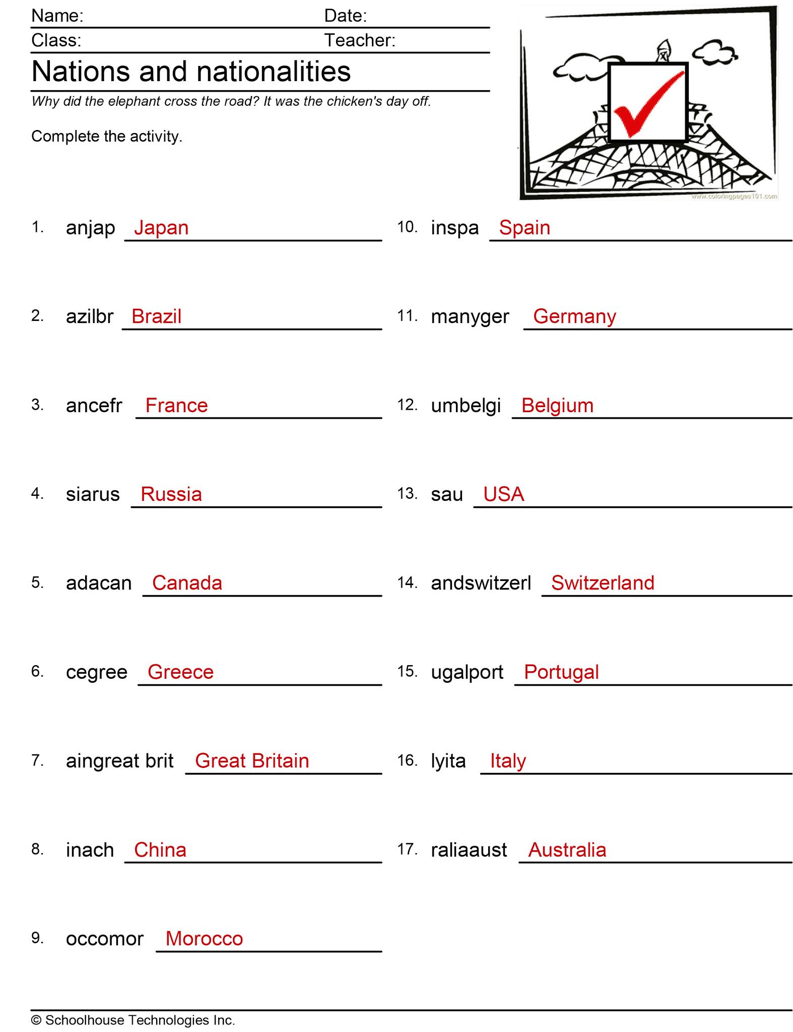 Nations and nationalities Worksheets