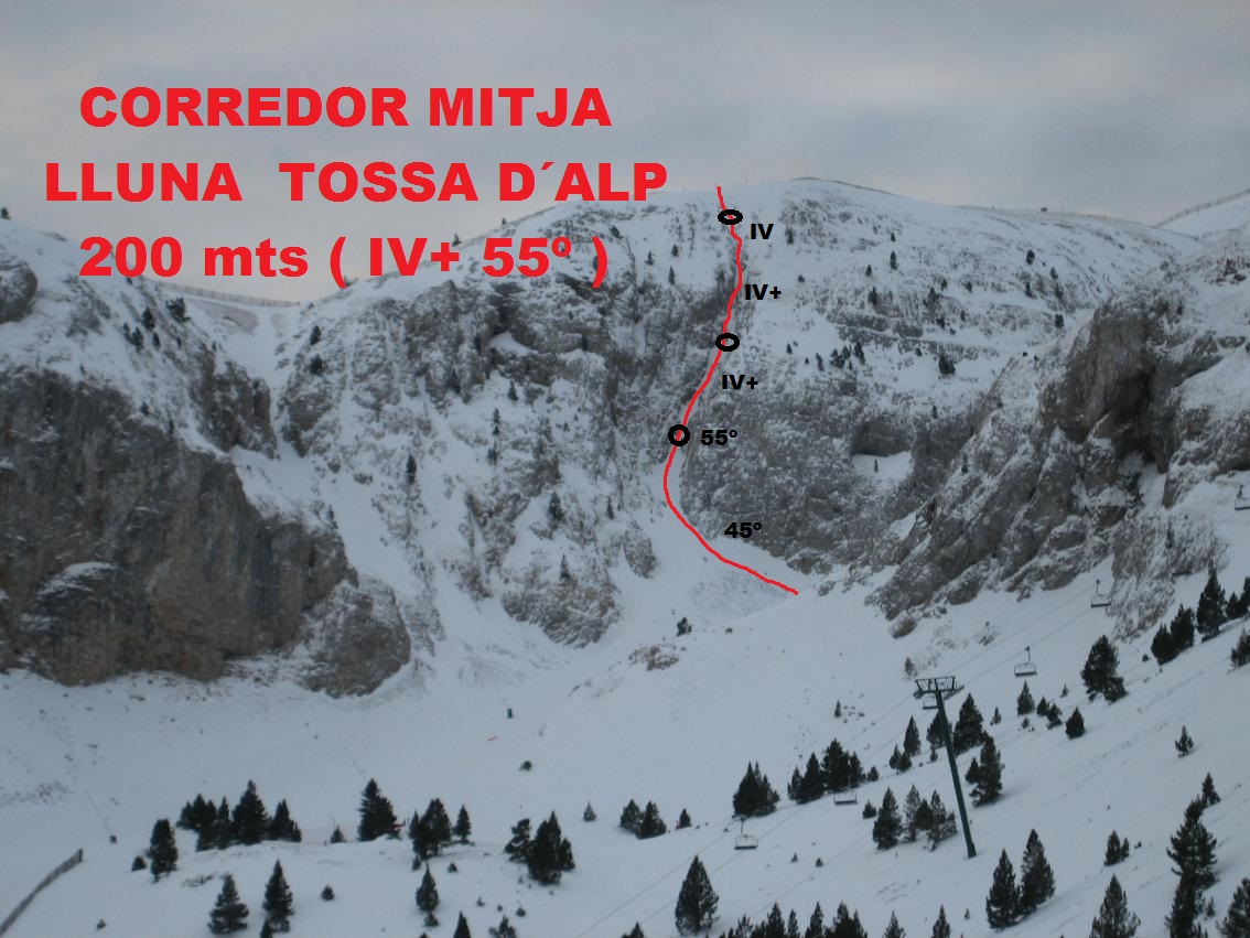 ESCALADA CLASICA: TOSSA D´ALP. CORREDOR MITJA LLUNA 200 mts ( IV+ 55º)