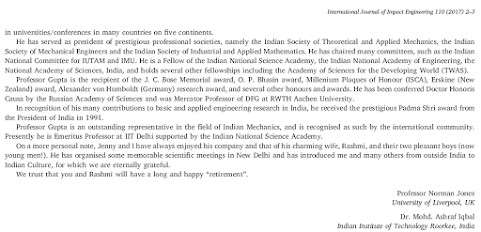 Prof. N K Gupta: Letters of Tributes and Invitations