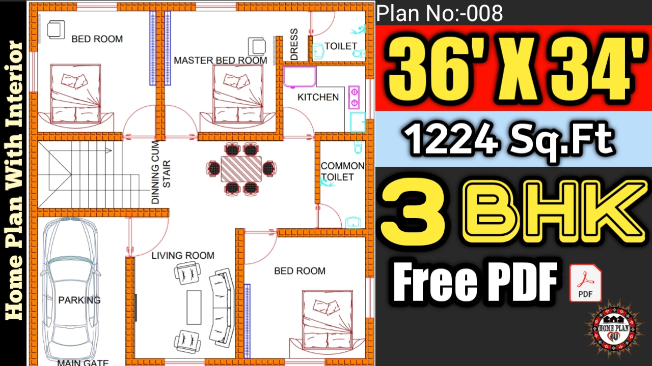 36 X 34 1224 Square Feet 3Bhk House Plan No 008