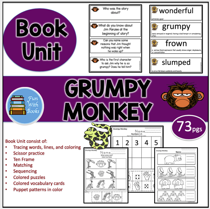 GRUMPY MONKEY BOOK UNIT 73 PAGES ~ Book Units by Lynn