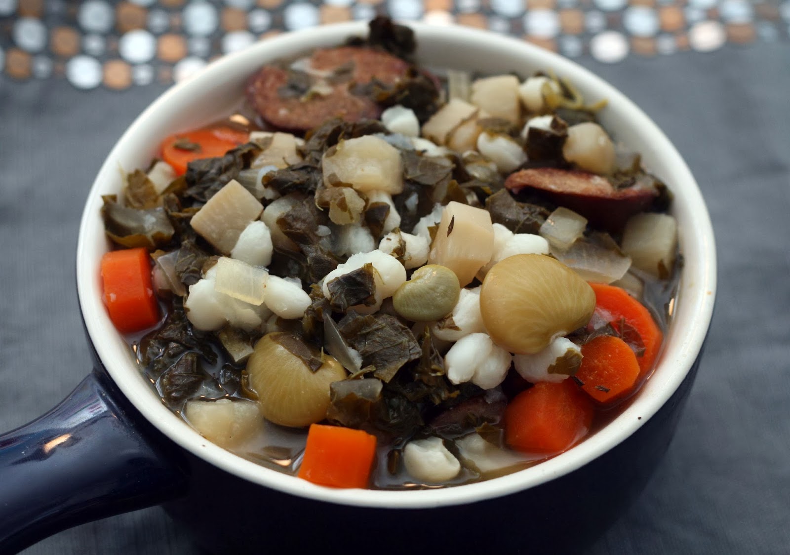 Hearty Fall Greens, Hominy & Sausage Stew – Coconut & Lime