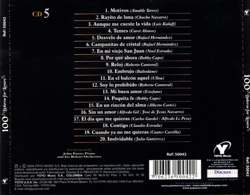 ENTRE MUSICA: JOHN PAZOS - 100 Boleros For Lovers (5 CDs)