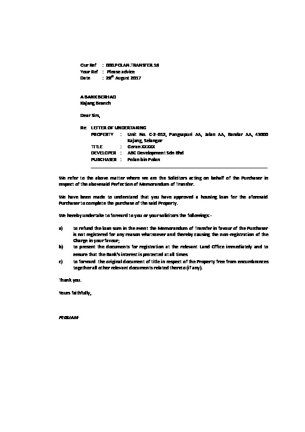 Letter Of Undertaking Format - Formal Letter
