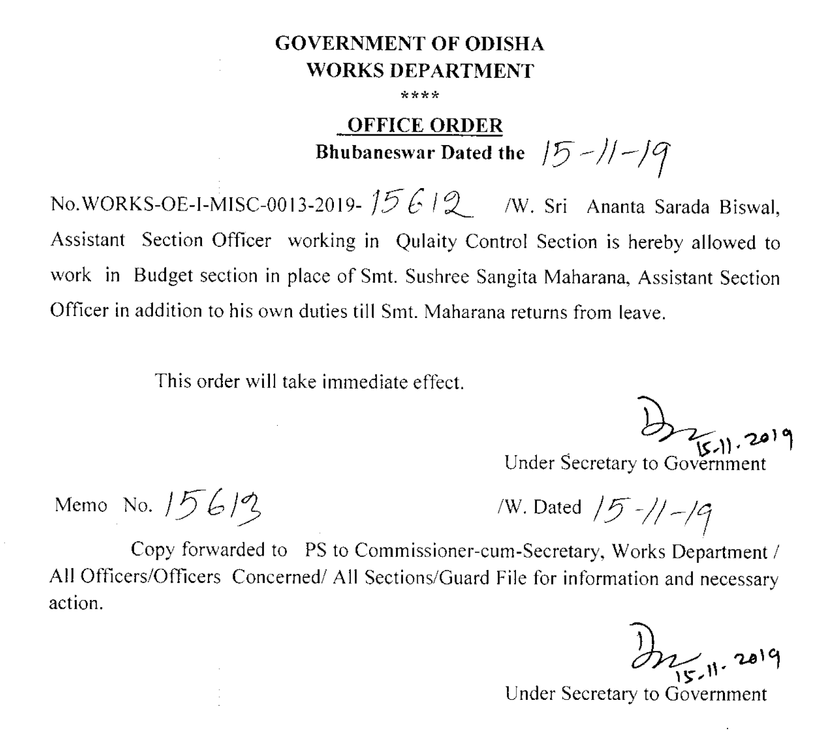 OSS TODAYS: Office Order : Additional Charge in Budget Section