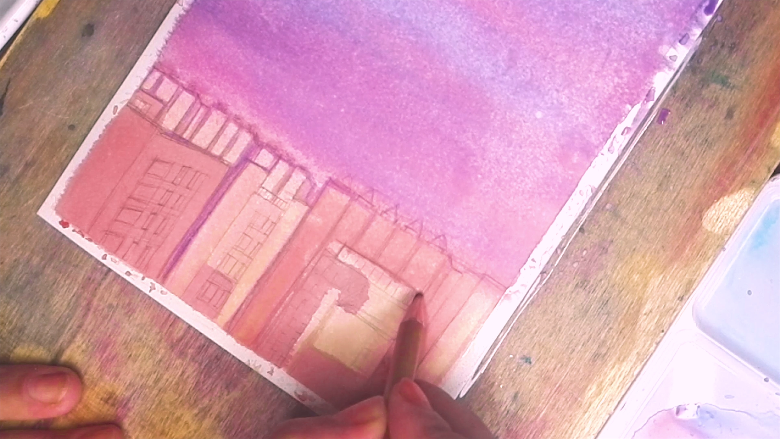 How to draw a pink style sunset with watercolor tutorial step by step ...