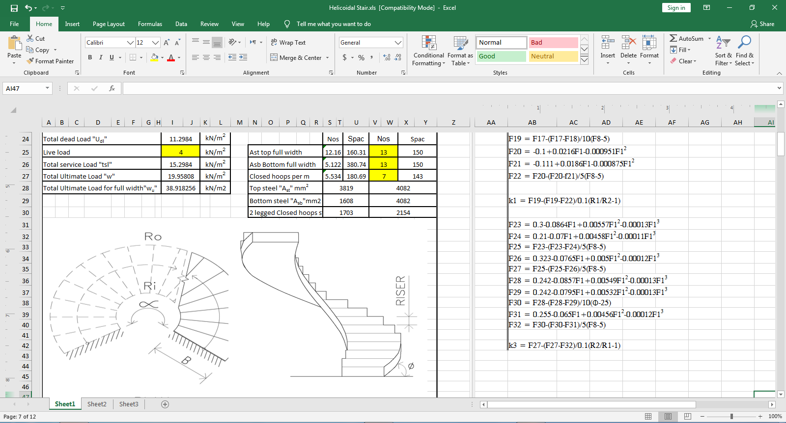 DESIGN OF SPIRAL STAIR EXCEL SHEET