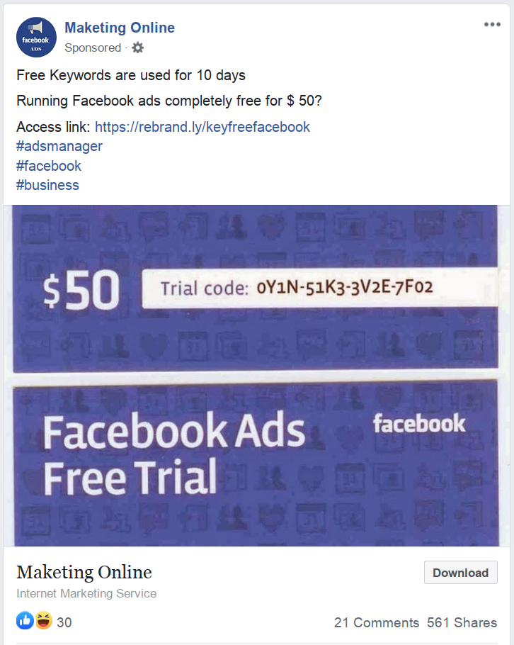 Another phishing "free Facebook ads"