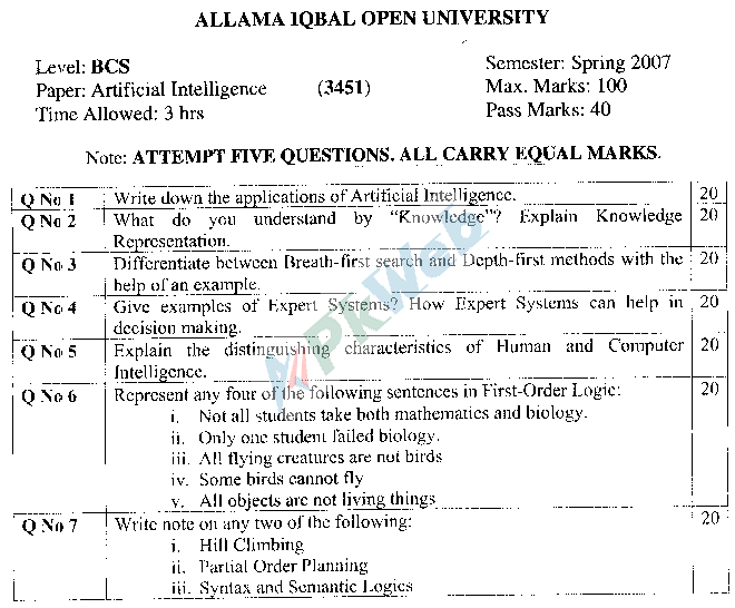 AIOU Book code 3451 Artificial Intelligence Spring 2007 Bachelor