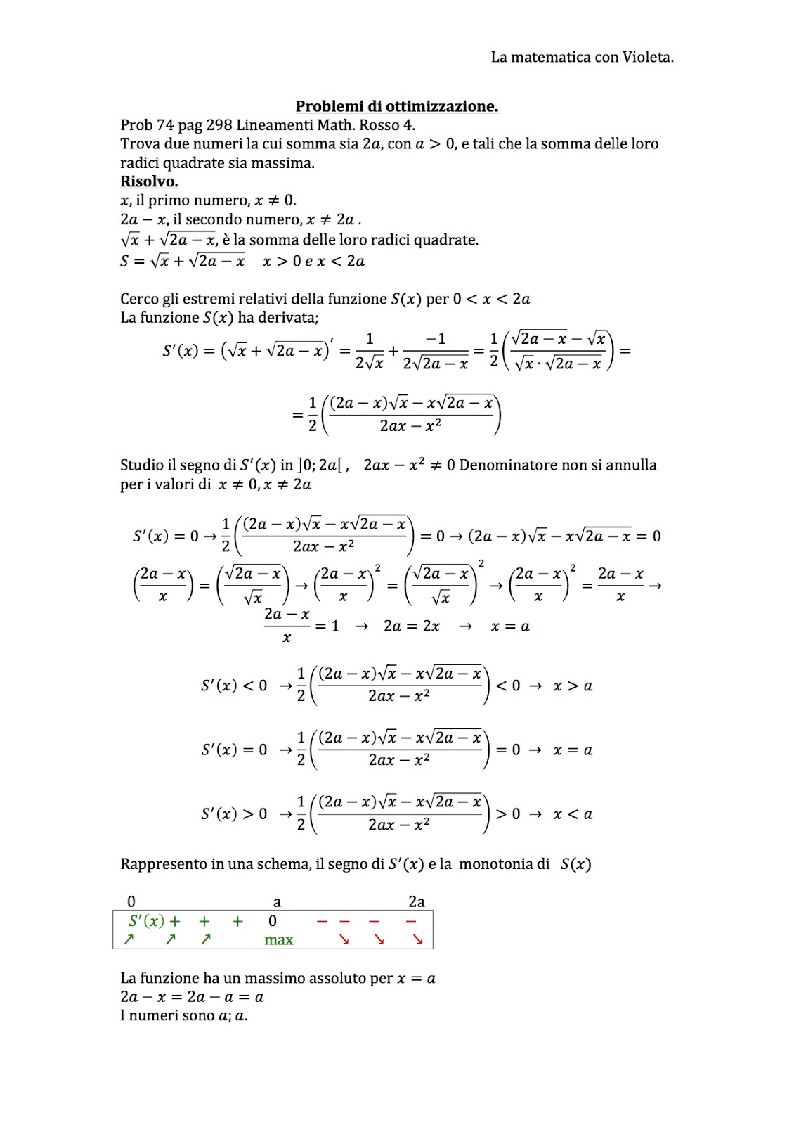 La matematica con Violeta: Problemi di massimo e di minimo