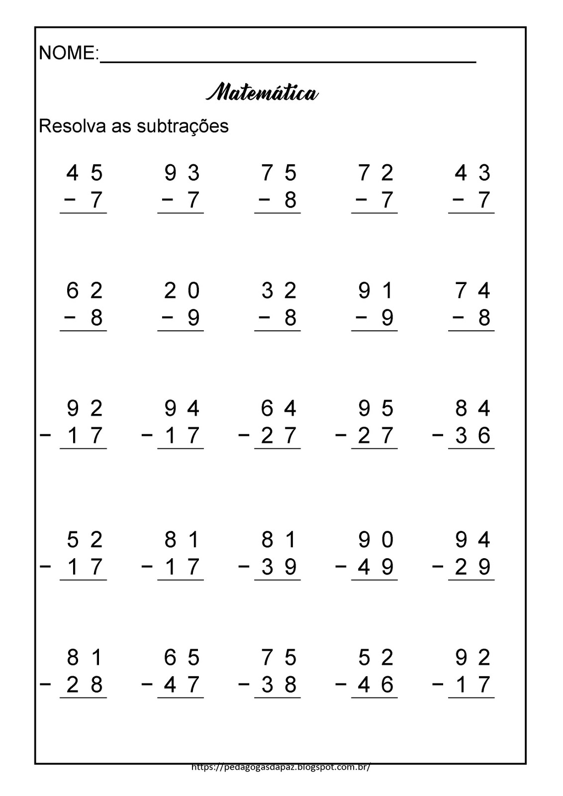 Pedagogas Da Paz Continhas De Subtra o Para 3 Ano E 4 Ano Para pedagogas-da-paz-continhas-de-subtra-o-para-3-ano-e-4-ano-para