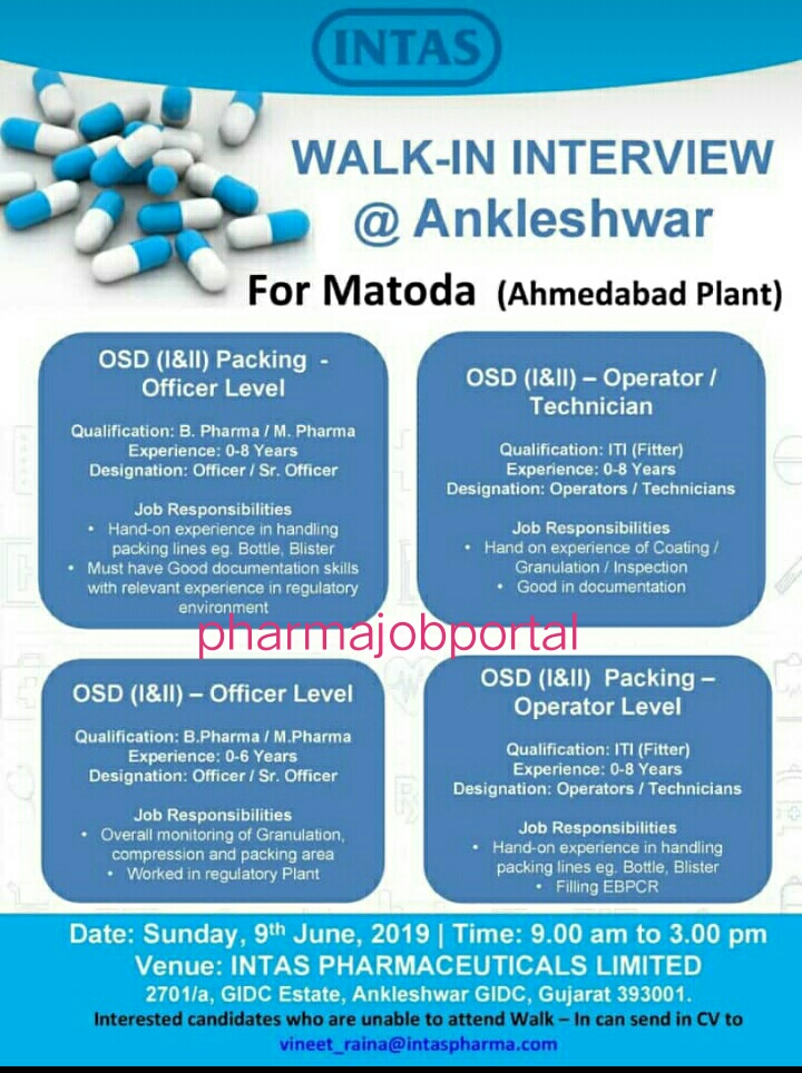 Intas Pharma Walk In interview on 9th Jun 2019