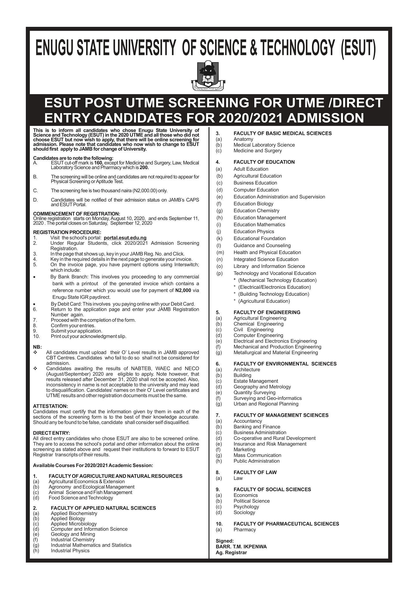 Esut Post Utme And De Screening Form 2020 2021 Is Out
