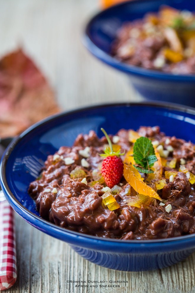 Dark Chocolate Rice Pudding with Candied Orange Peel