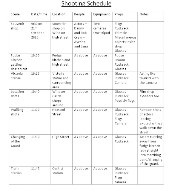 A2 Media Studies: Shooting Schedule - Day 1