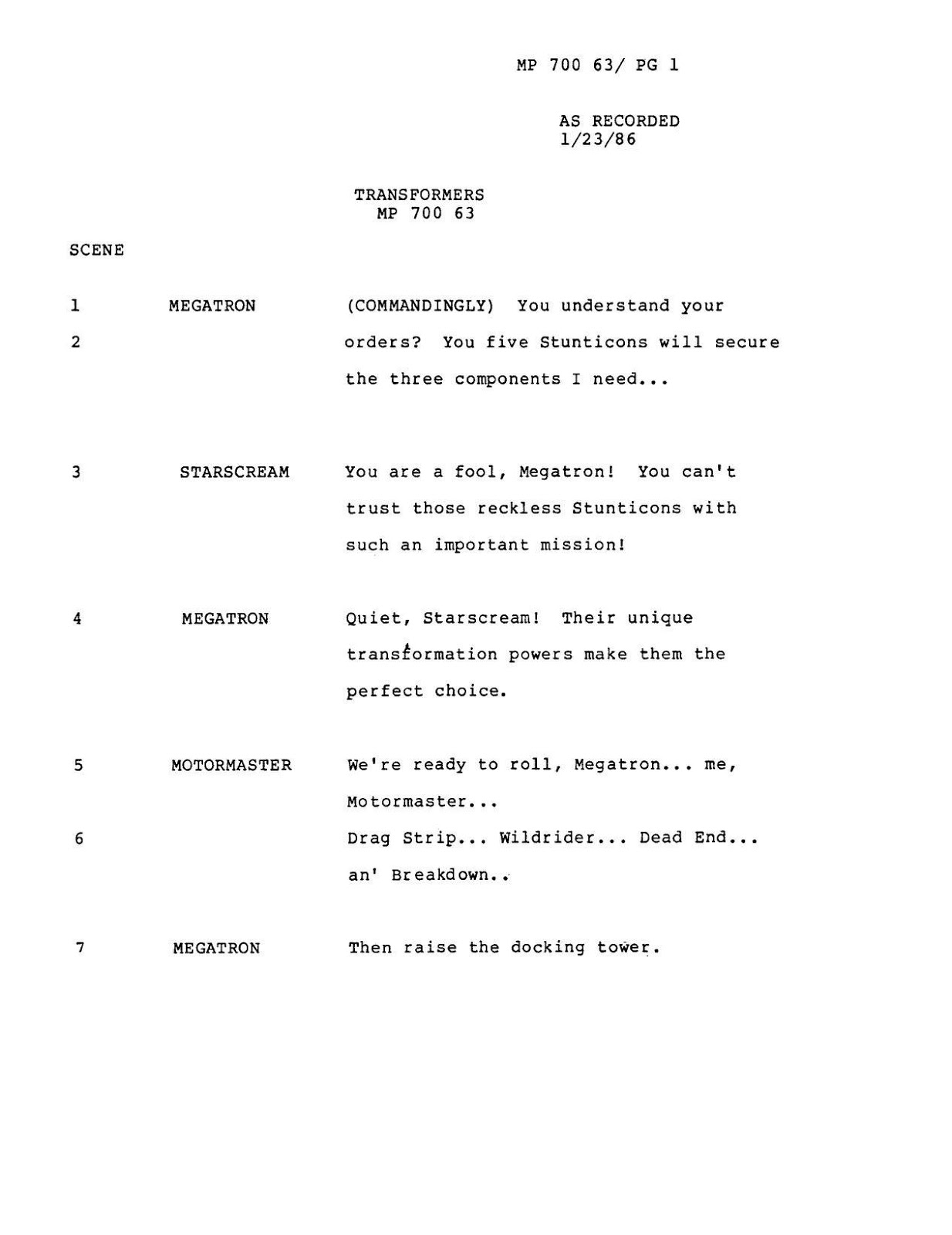 Sunbow and Marvel Productions Script/Storyboard Archive: MP 700 The ...