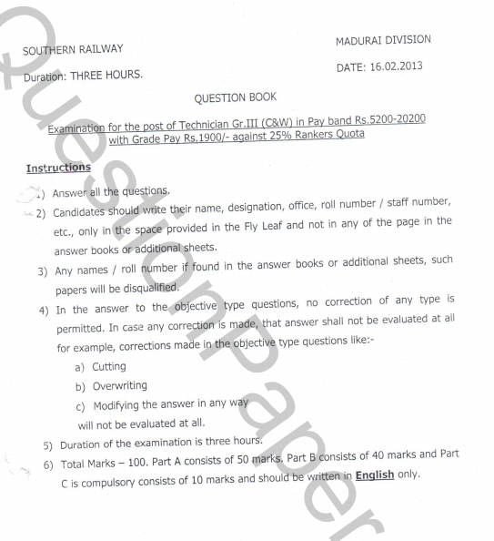 INDIAN RAILWAY QUESTION BANK: Question Paper - Technical Grade - 3 - C&W