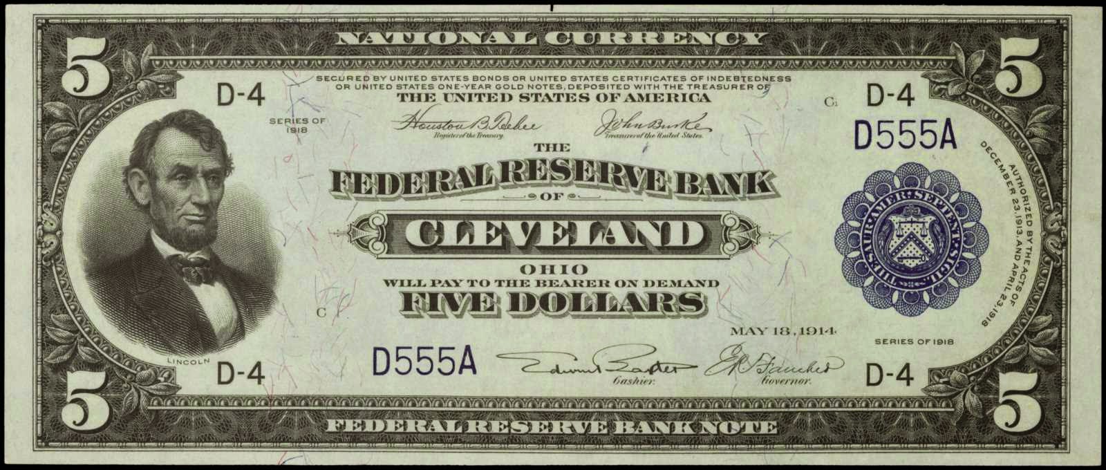 1918 Five Dollar Federal Reserve Bank Note Cleveland|World Banknotes ...