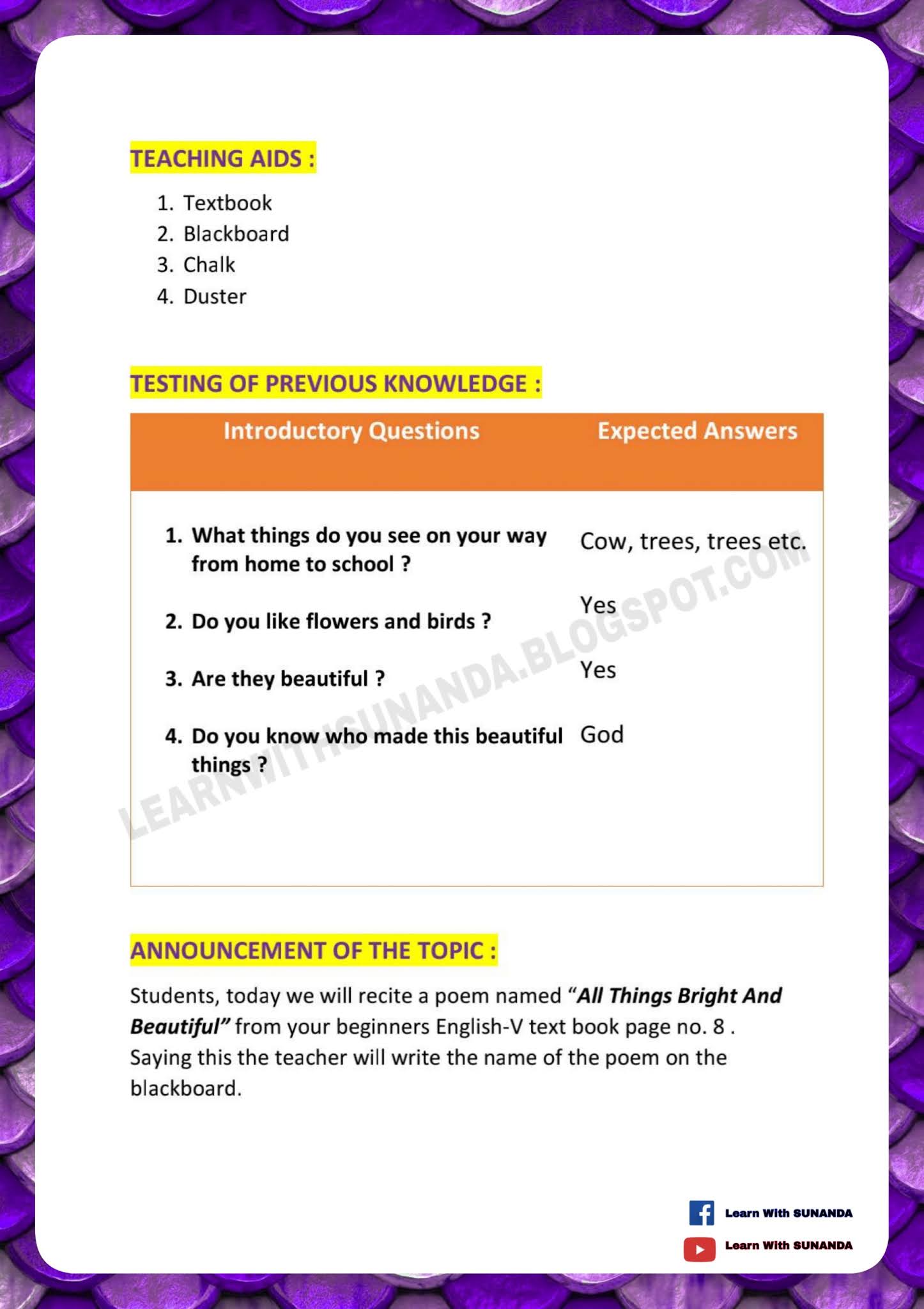 Learn With SUNANDA: Lesson Plan on English Poem "All Things Bright And ...