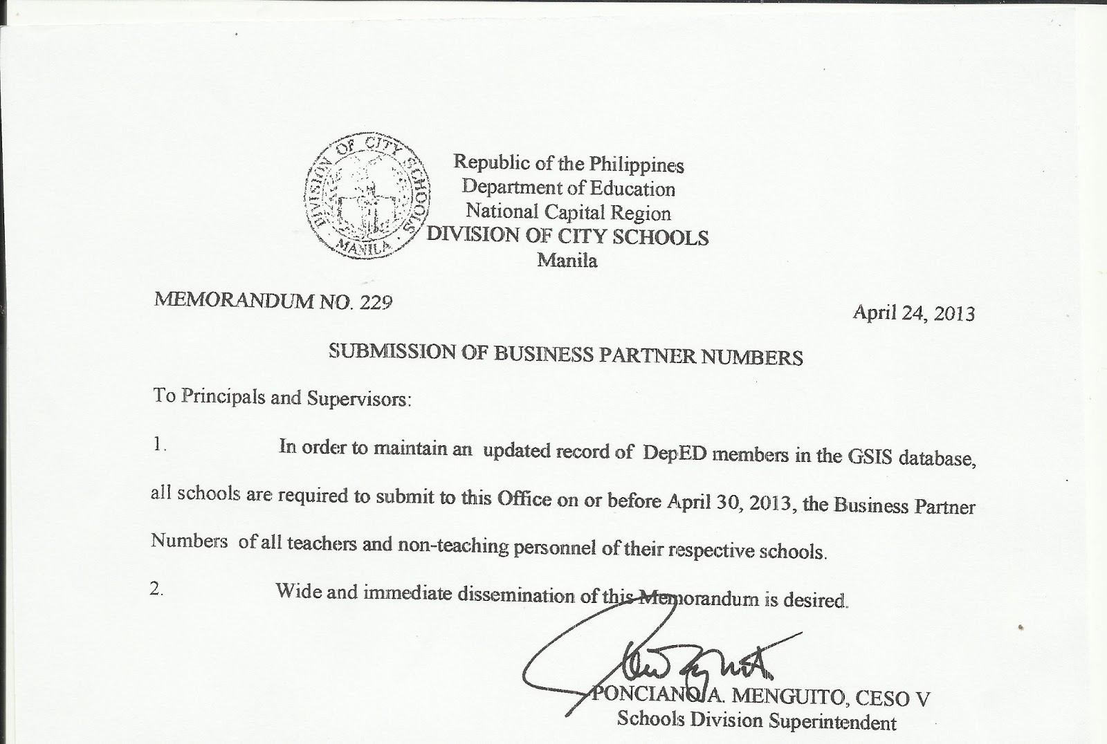 Department of Education Manila: Submission of Business Partner Numbers