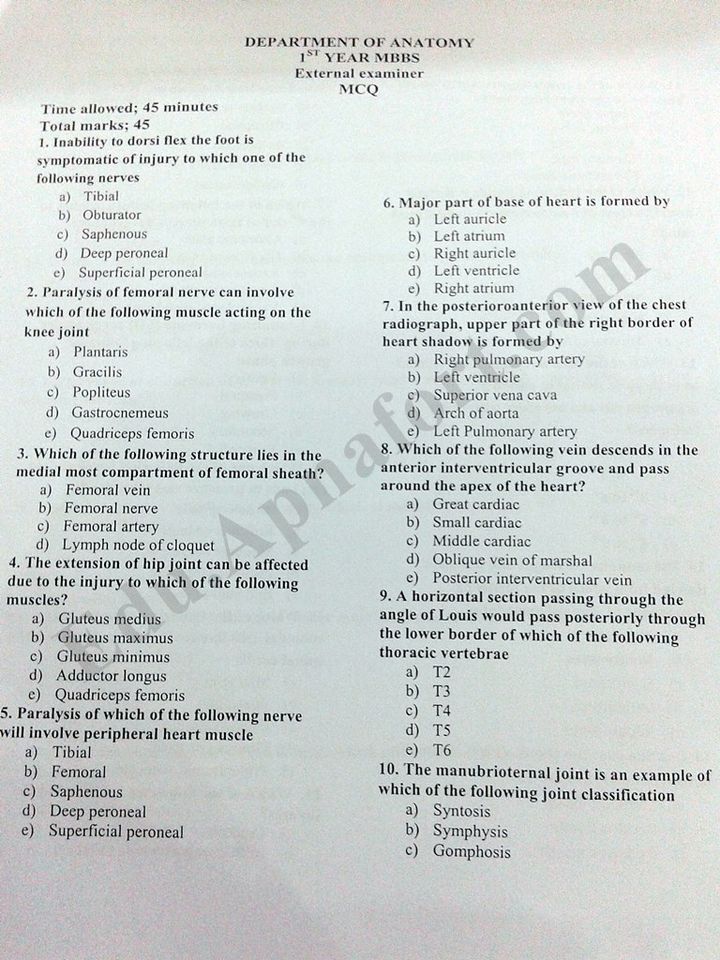 UHS Pattern MCQ Paper for 1st year MBBS