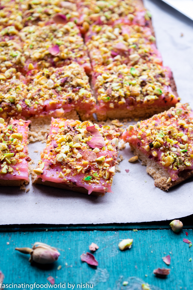 Rose caramel and pistachio biscuit burfi