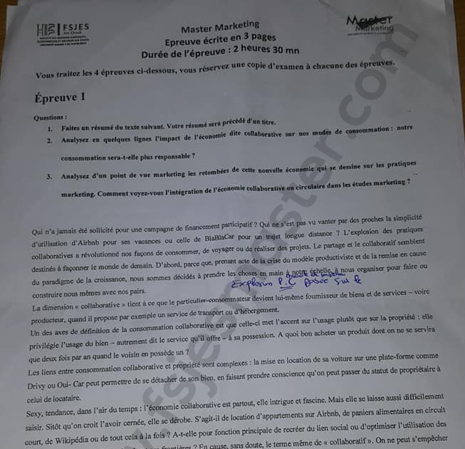Exemple de concours master Marketing FSJES Ain CHOK 2019 Exemple de concours master Marketing FSJES Ain CHOK 2019