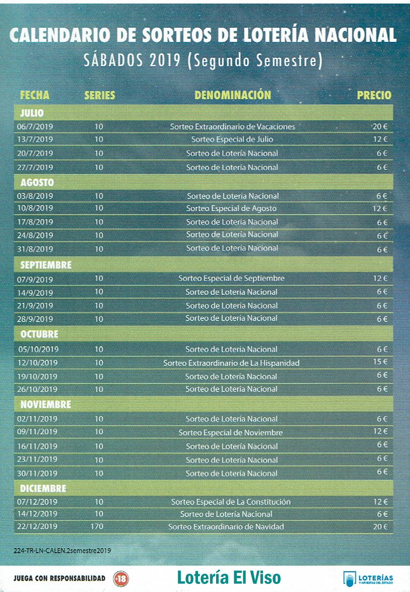 Lotería El Viso: Calendario de Sorteos de Lotería Nacional (2º semestre) Lotería El Viso: Calendario de Sorteos de Lotería Nacional (2º semestre)