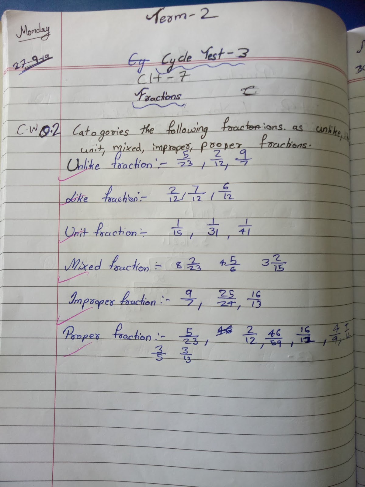 Math ch-7 Fractions notebook work