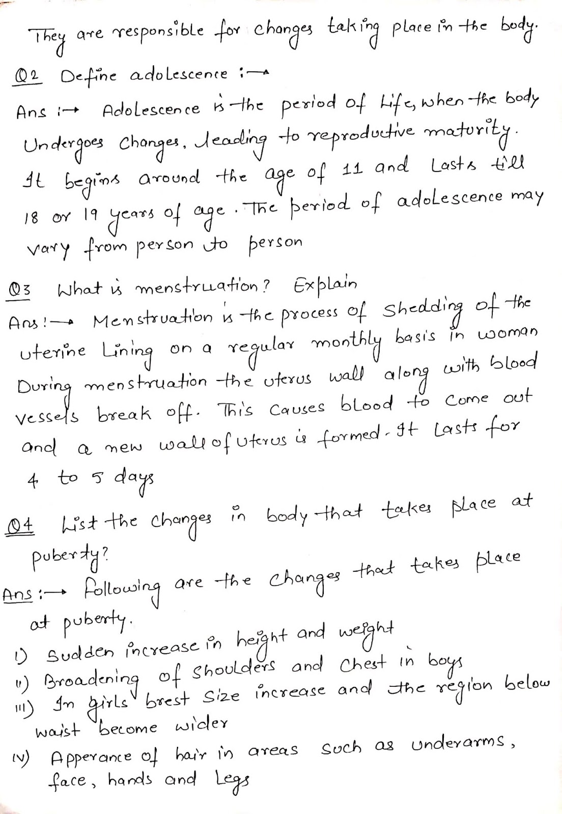 Reaching the Age of Adolescence Handwritten Notes For 8th Class Science