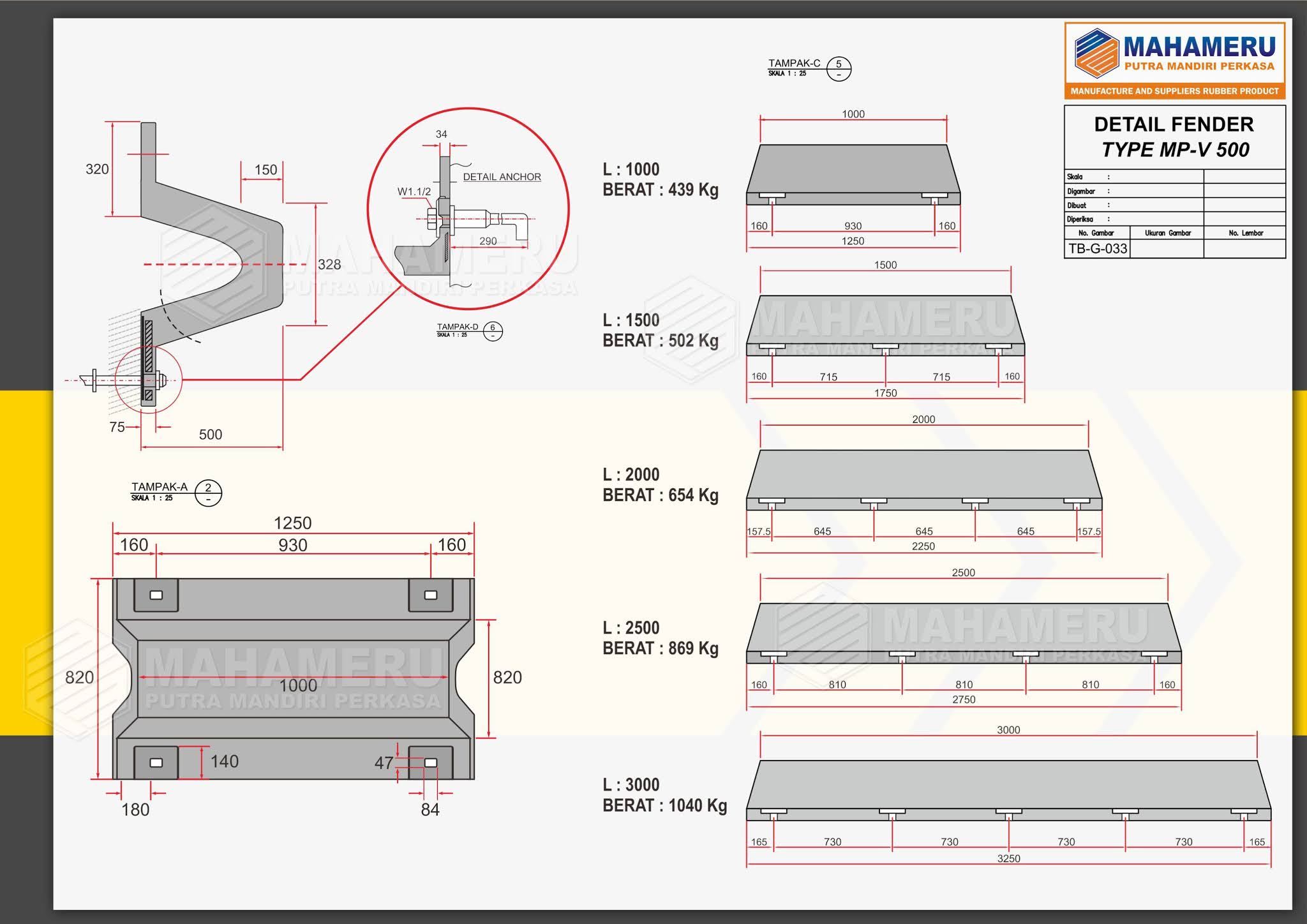 Spesifikasi atau Gambar detail Rubber Fender Tipe V 500H (1000L- 3000L)