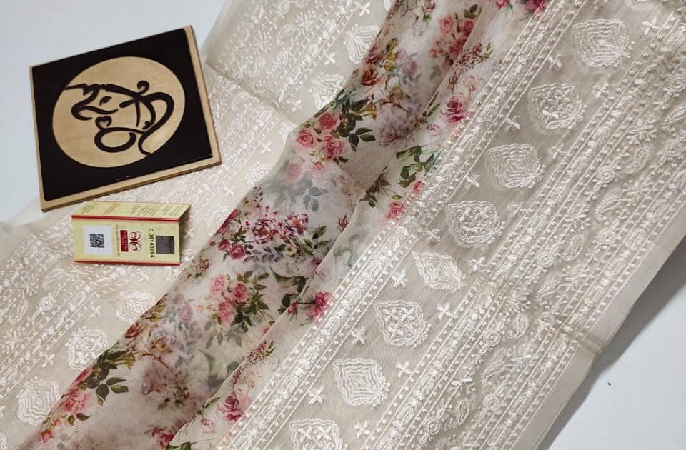 Organza floral chicken work sarees