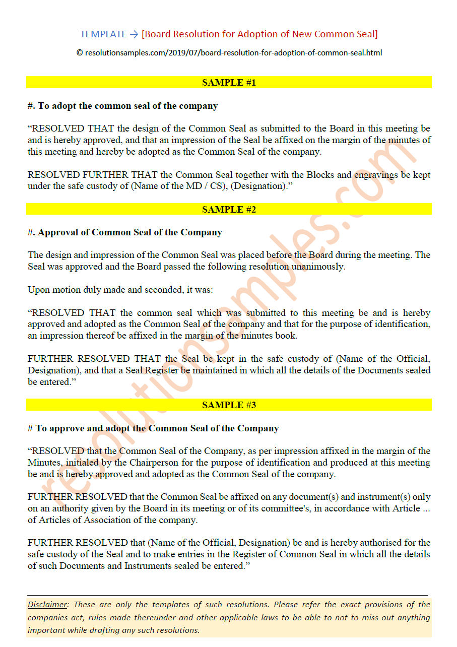 Board Resolution Format for Adoption of New Common Seal