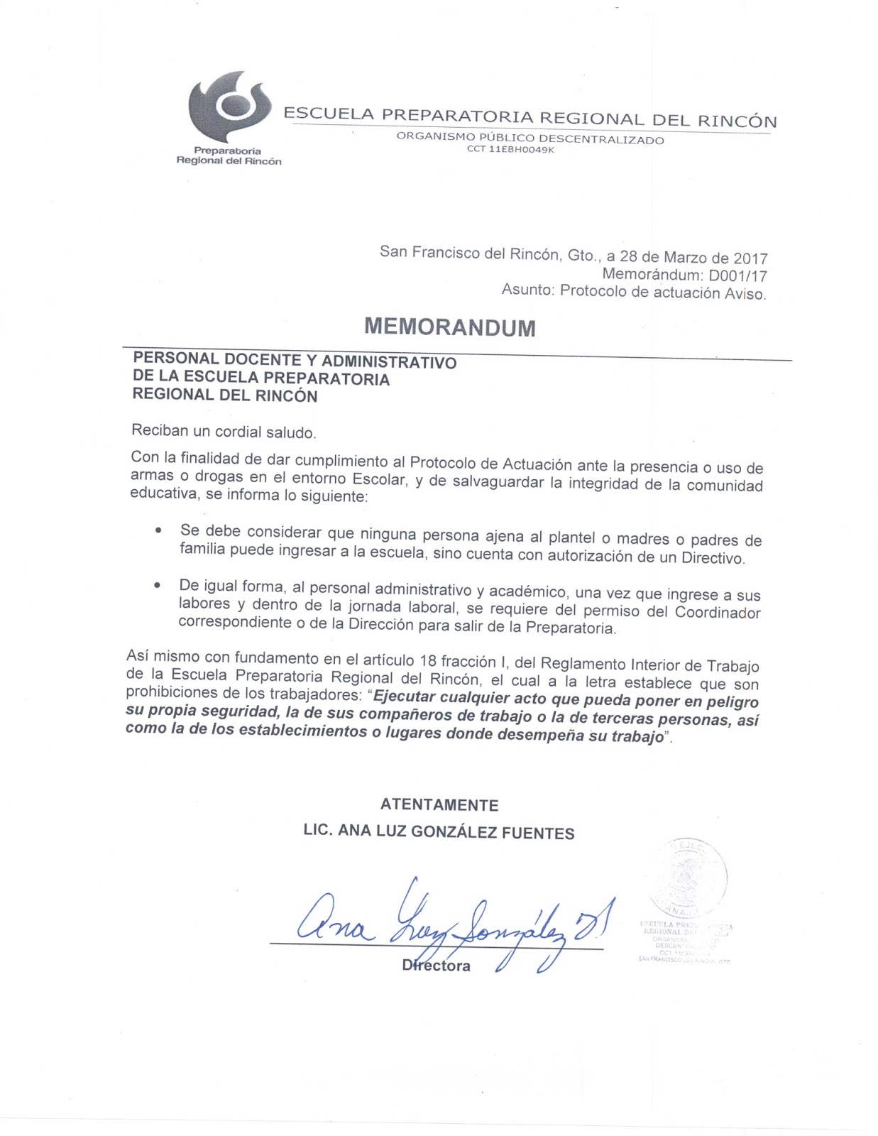 Blog Docente de la Preparatoria Regional: Memorándum D/001/17