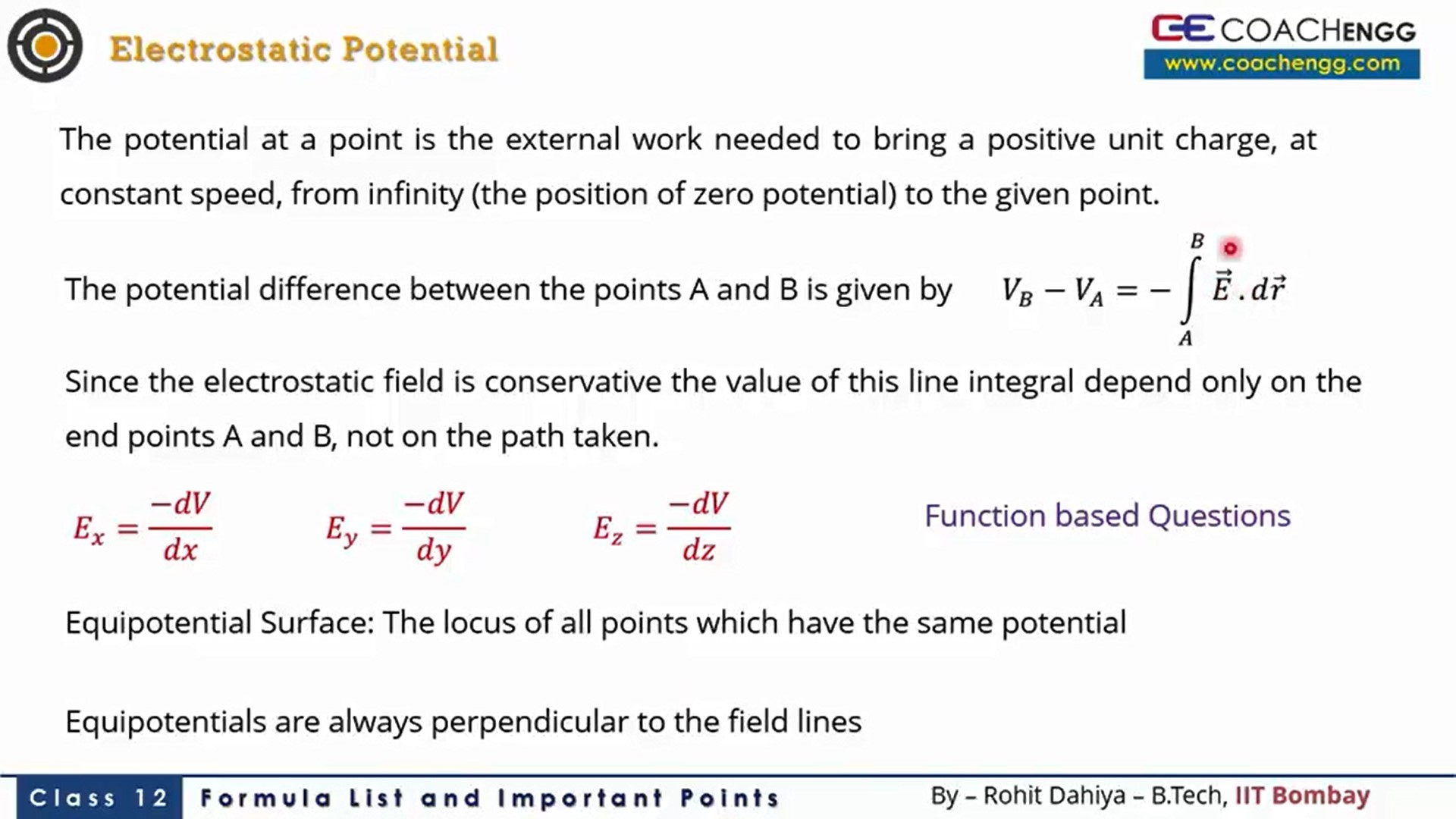 Electrostatic Potential & Conductors – Formula List & Important Points
