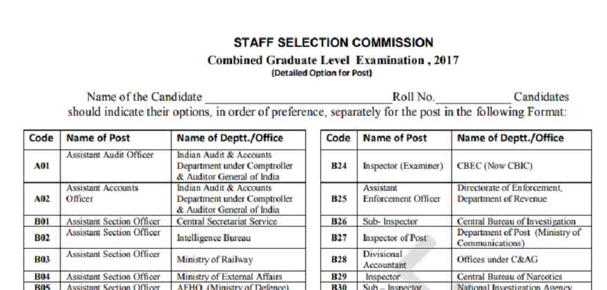 SSC CGL 2017 Post Preference Form PDF Download (Official) - GovtJobNotes