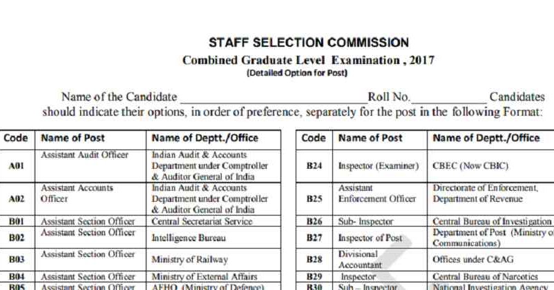SSC CGL 2017 Post Preference Form PDF Download (Official) - GovtJobNotes
