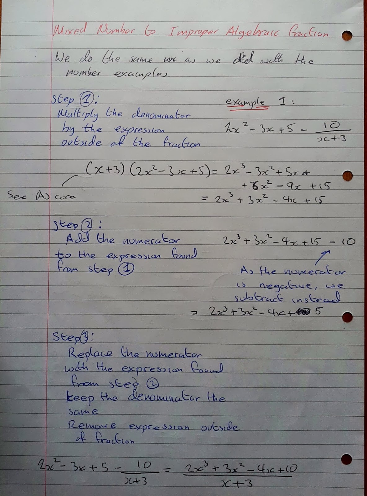 A Level Maths Notes: A2 - Mixed numbers to improper algebraic fractions