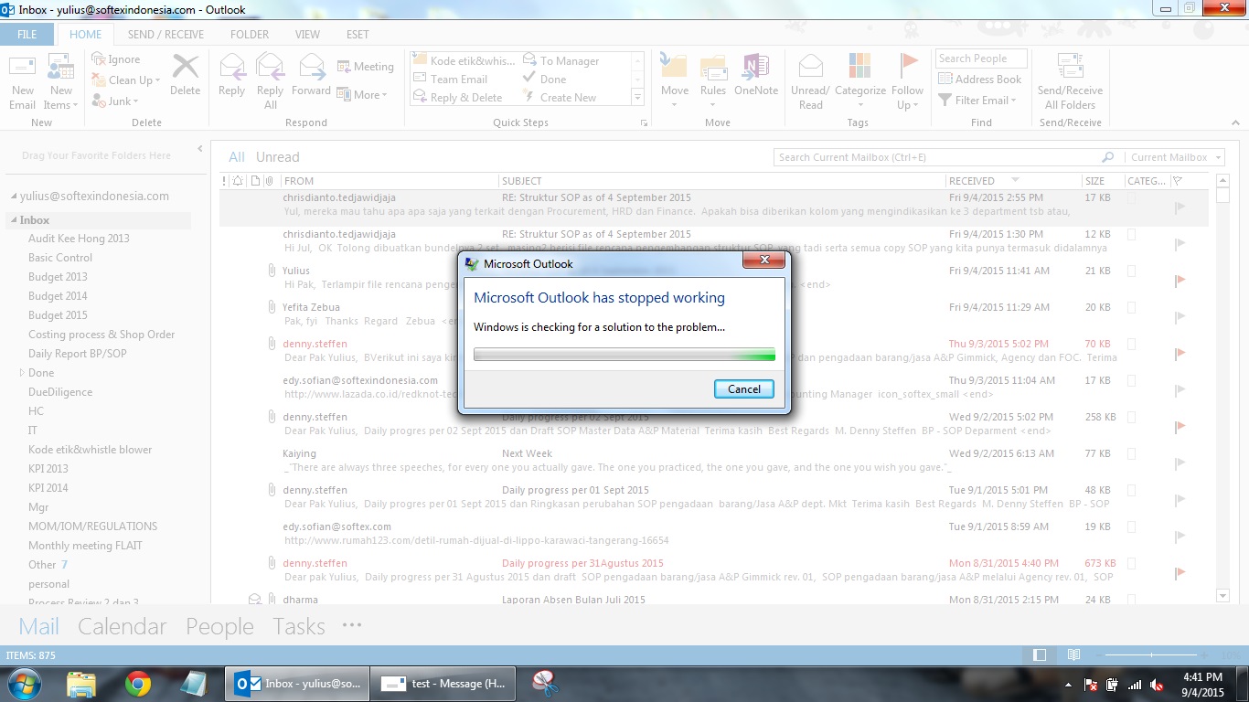 Outlook 2013 not responding when sent email
