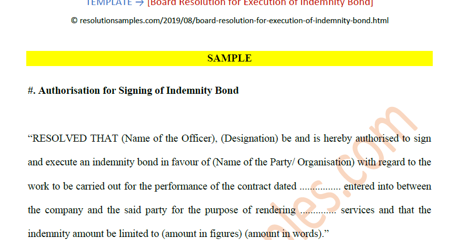 Board Resolution for Execution of Indemnity Bond (Format)