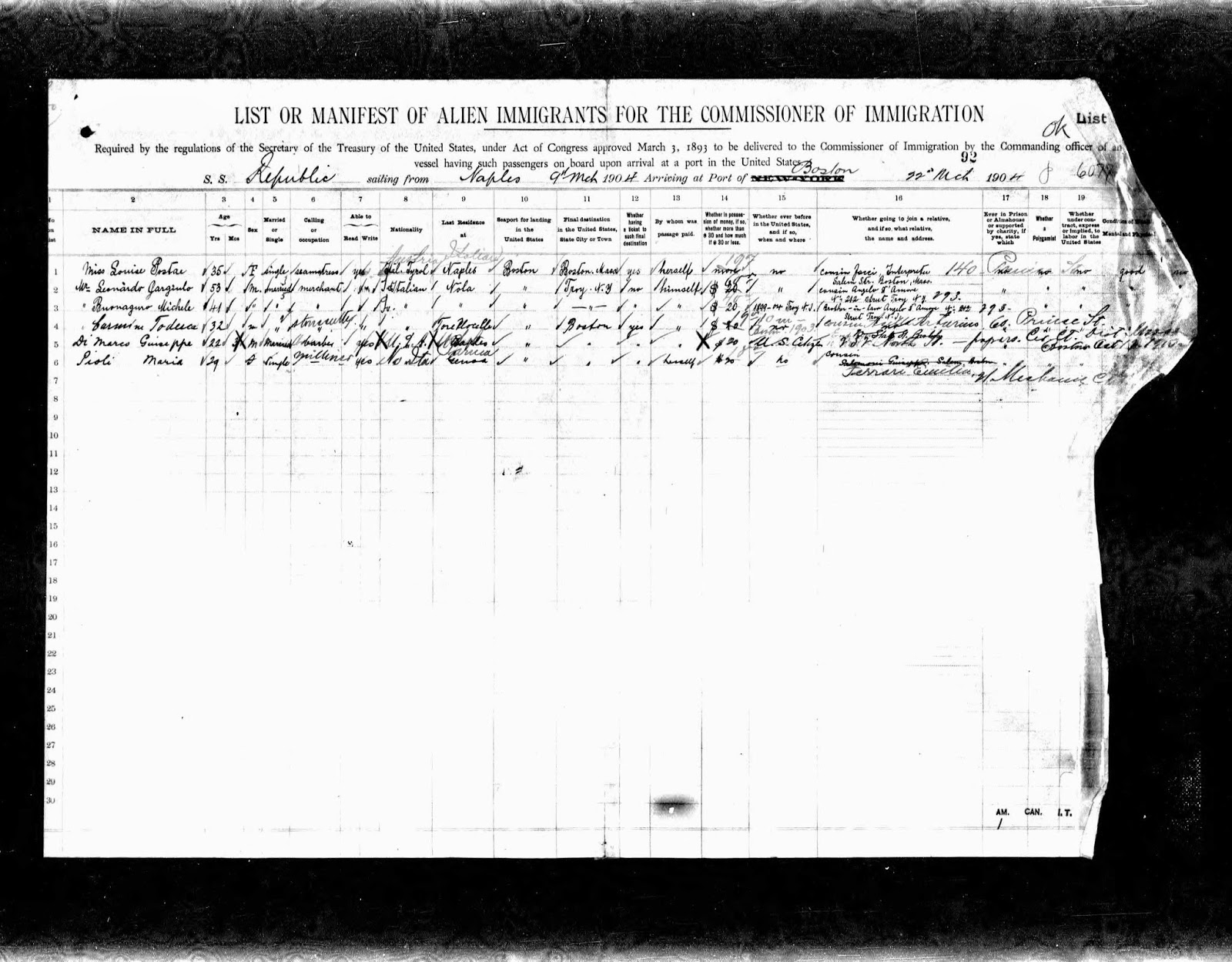 The Genealogy of Torre le Nocelle, Italy: Ship Manifest: SS Republic 22 ...