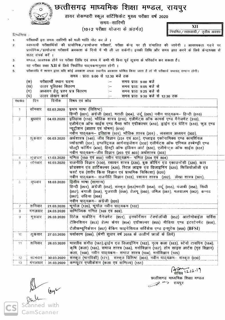 CG Board 12th & 10 th Exam time table 2020 : CGBSE EXAM DATE 2020 ...