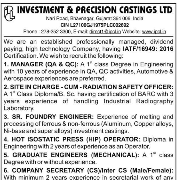 JOB ALERTS HUB: Openings for QA & QC Manager / Site Incharge / Sr. Foundry Engineer / Hot ...
